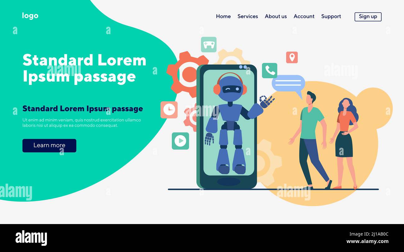 Young couple chatting with robotic assistant on smartphone screen ...