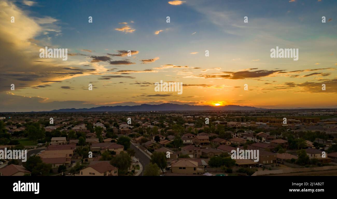 An aerial view of a beautiful cityscape at sunset Stock Photo - Alamy