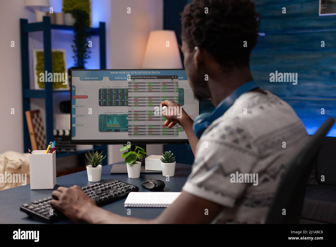 Stock market trader working remote from home analyzing charts of global ...
