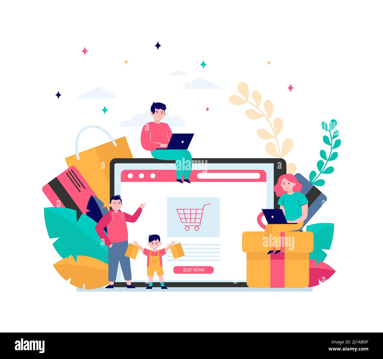Happy people shopping online. Basket, tablet, customer flat vector ...