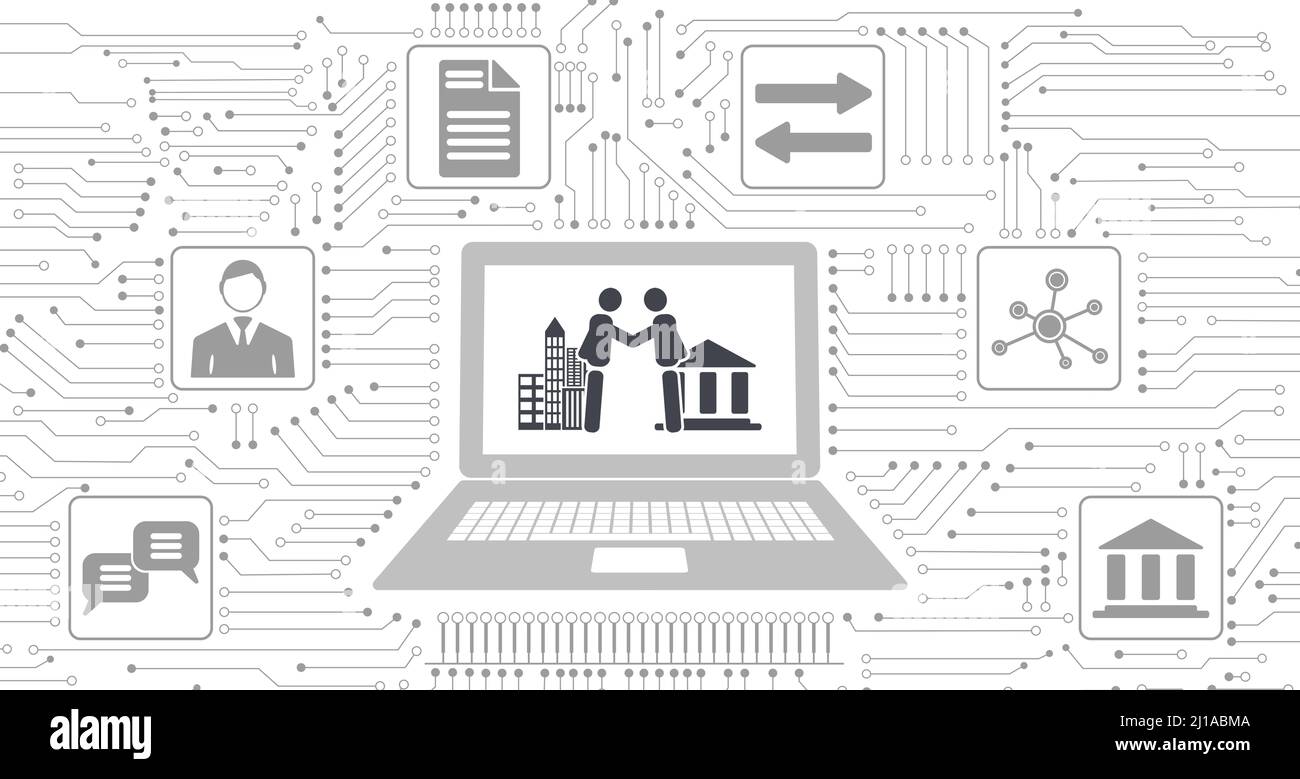 Concept of b2g with icons integrated in circuit Stock Photo - Alamy