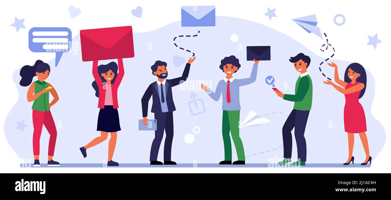 People sending and receiving messages. Online chat, email, envelope ...