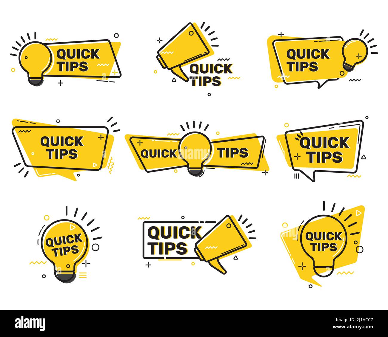 Quick tips flat labels collection. Tricks solution logos and helpful ...