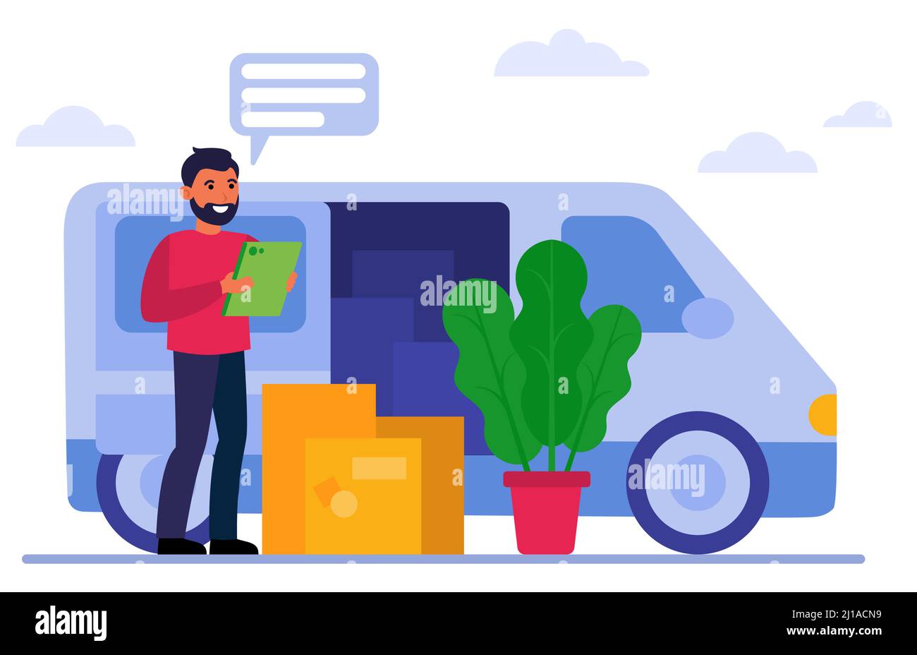 Smiling courier standing near van and boxes flat vector illustration ...