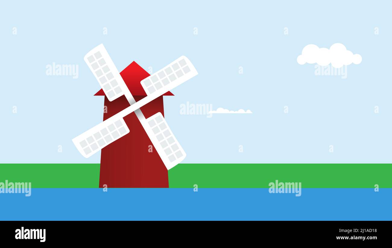 Windmill by the river. vector illustration, simple flat design Stock ...