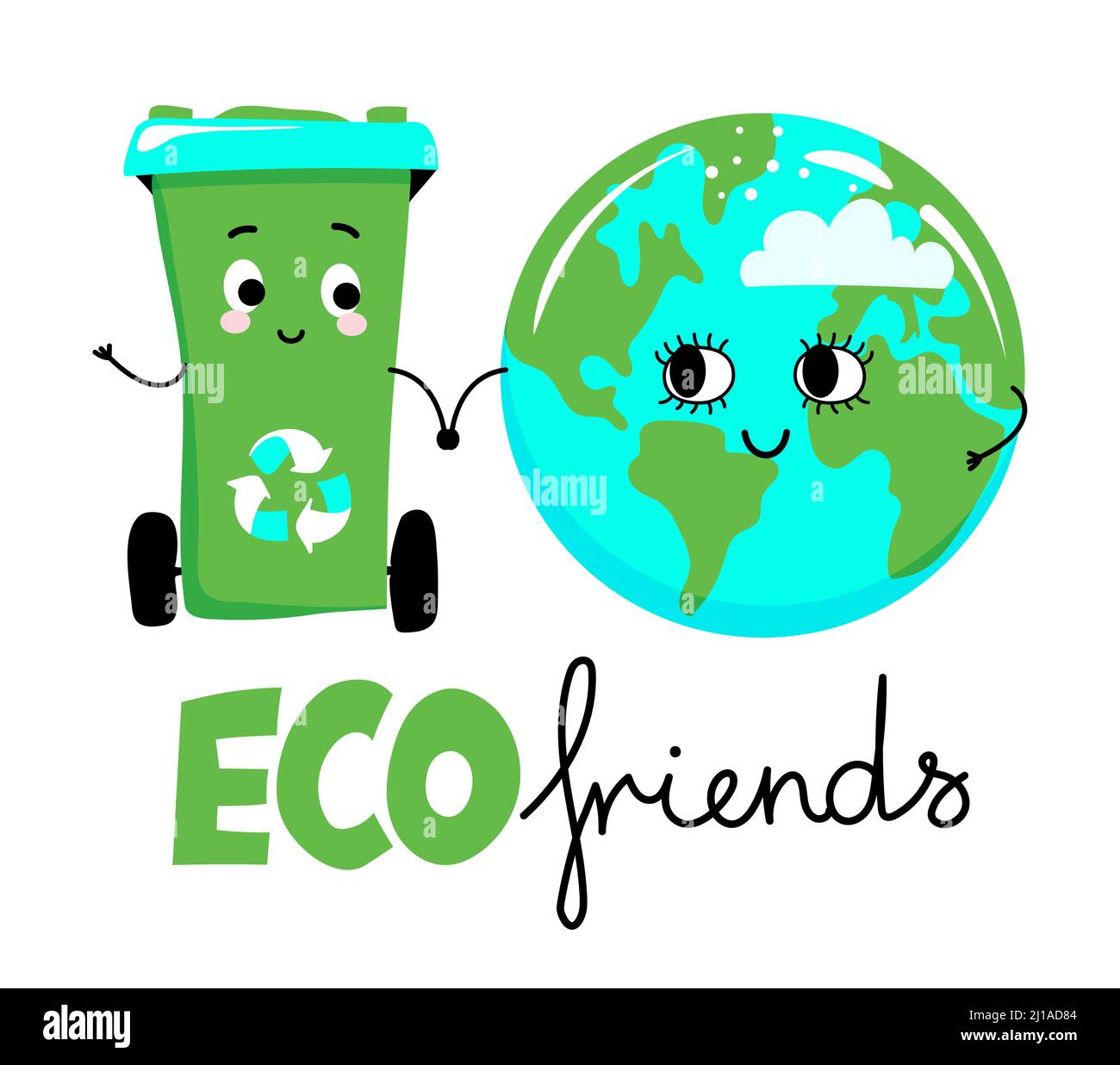 Eco friends - Cute dustbin container and planet Earth. No plastic. Go ...