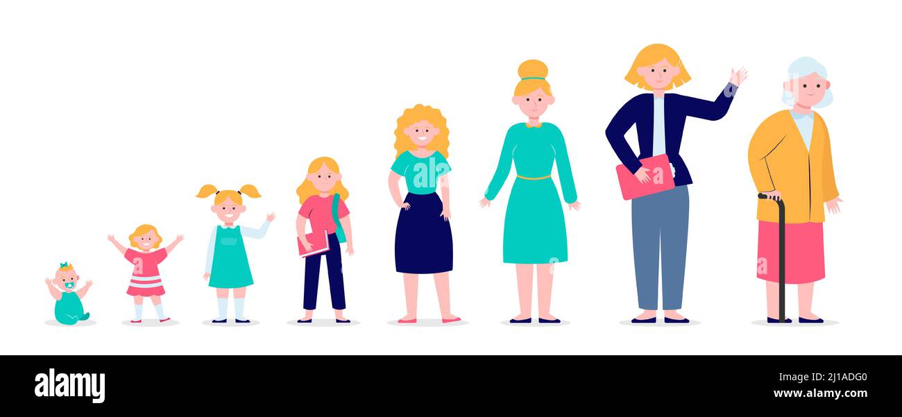 Woman from infant to pensioner evolution. Adult, life, cycle flat ...
