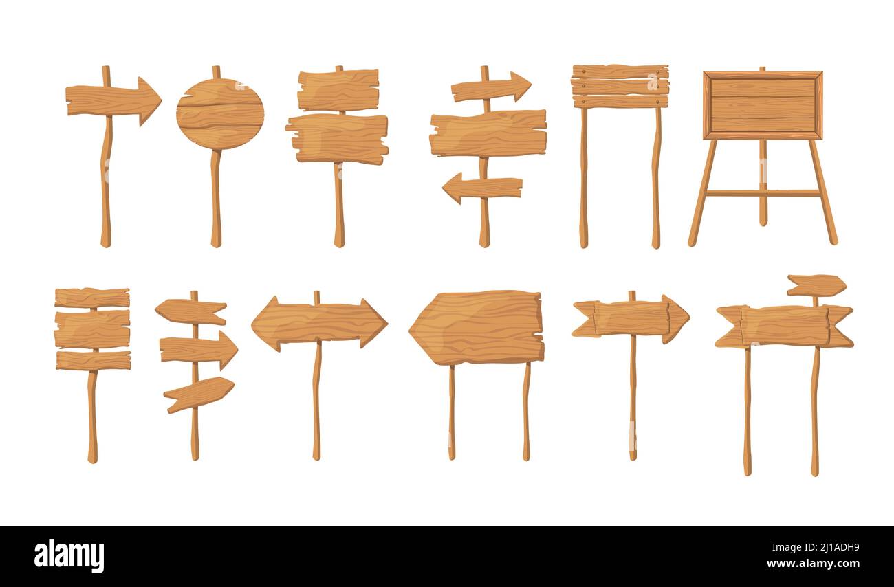 Wood boards on stick flat vector collection. Wooden empty signboards ...