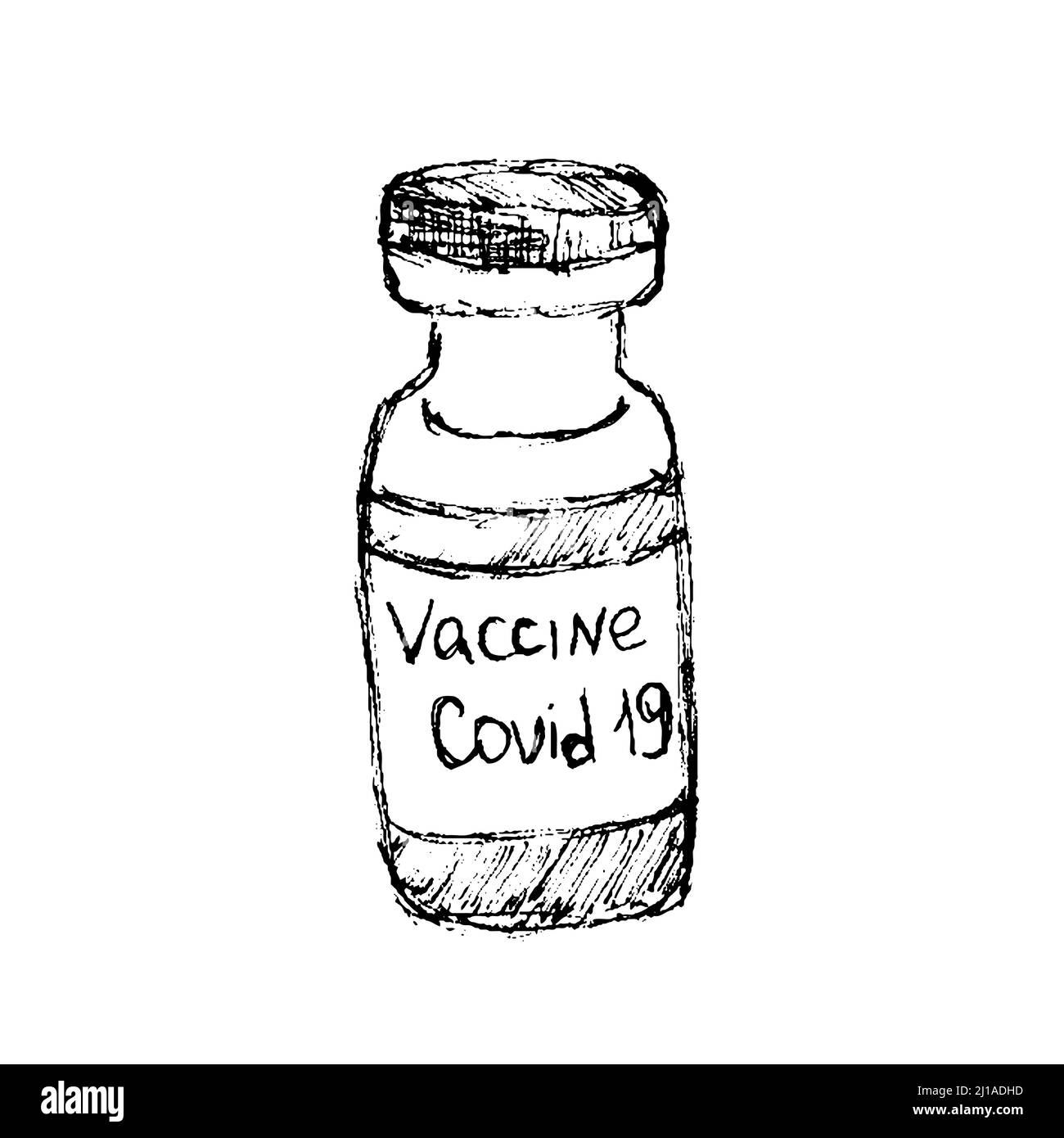 Coronavirus vaccine vials medicine bottles syringe vector drawing. Hand ...