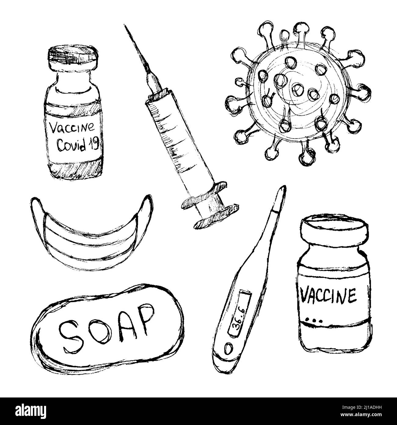 hand drawn Simple Set of Vaccine Related Vector Line Icons in doodle ...