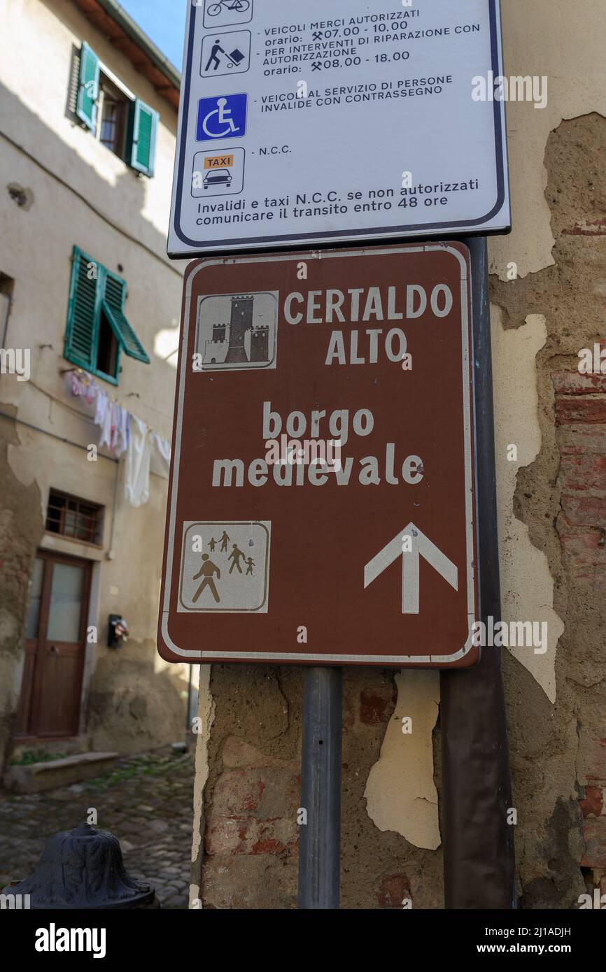 A vertical shot of signs showing the Burgo Medieval monument in Turin ...