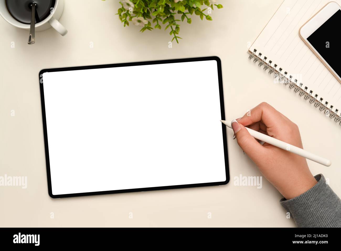 Overhead shot, Female hands using stylus pen designing her graphic ...