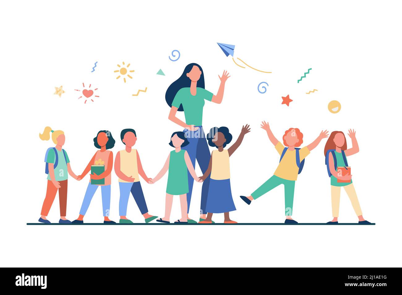 Young teacher with joyful kids isolated flat vector illustration ...