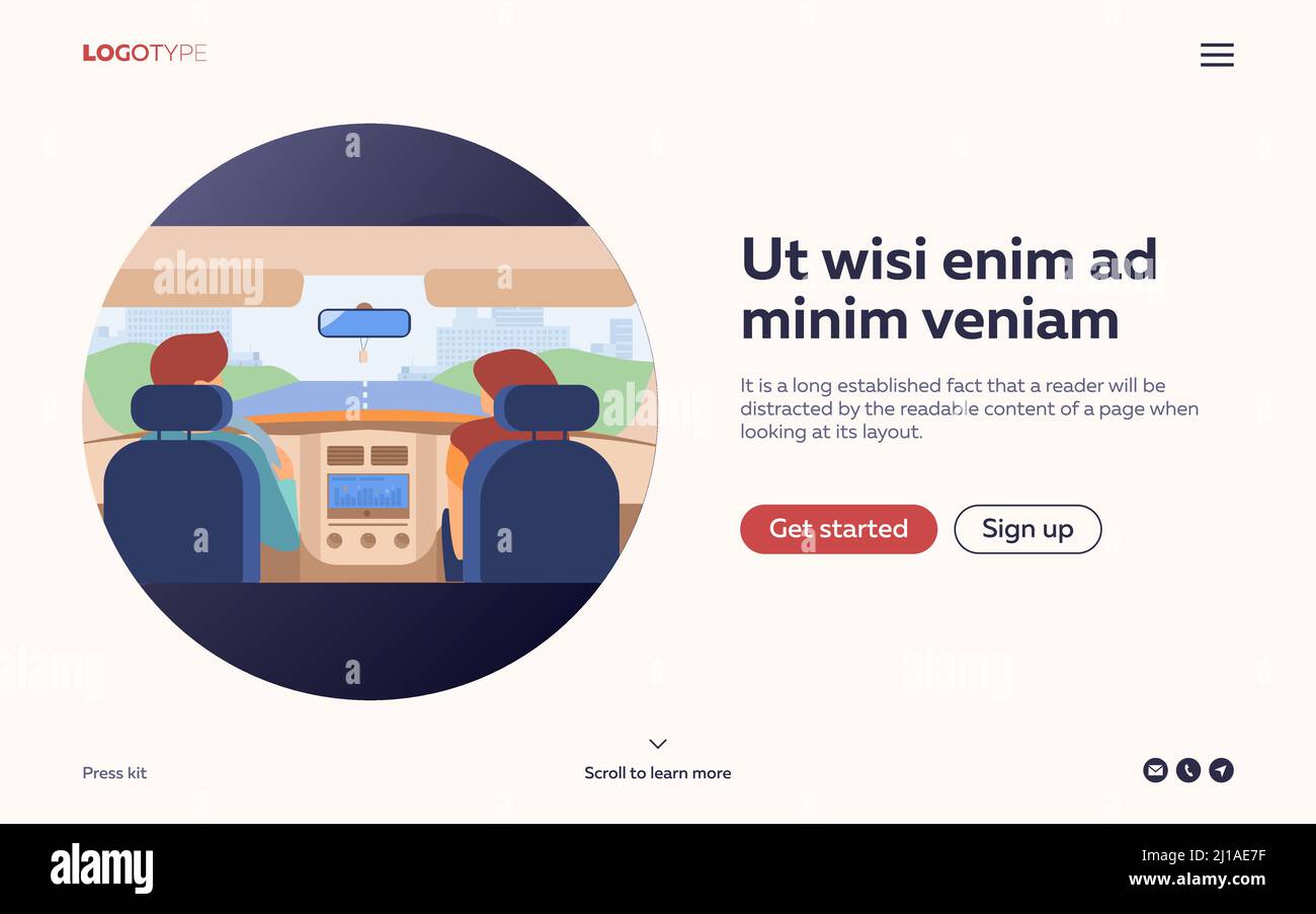 Couple riding vehicle. Back view of driver and passenger inside car ...