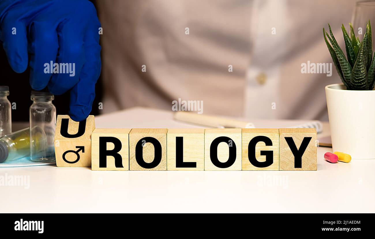 Wooden block form the word UROLOGY with stethoscope. Medical concept ...