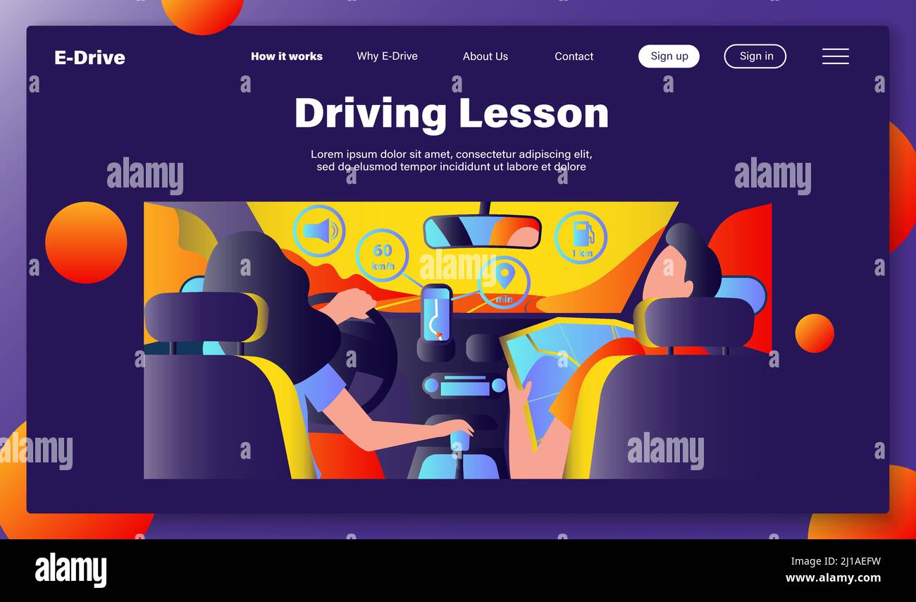 Driver and passenger navigating on road within map and mobile app. Back ...