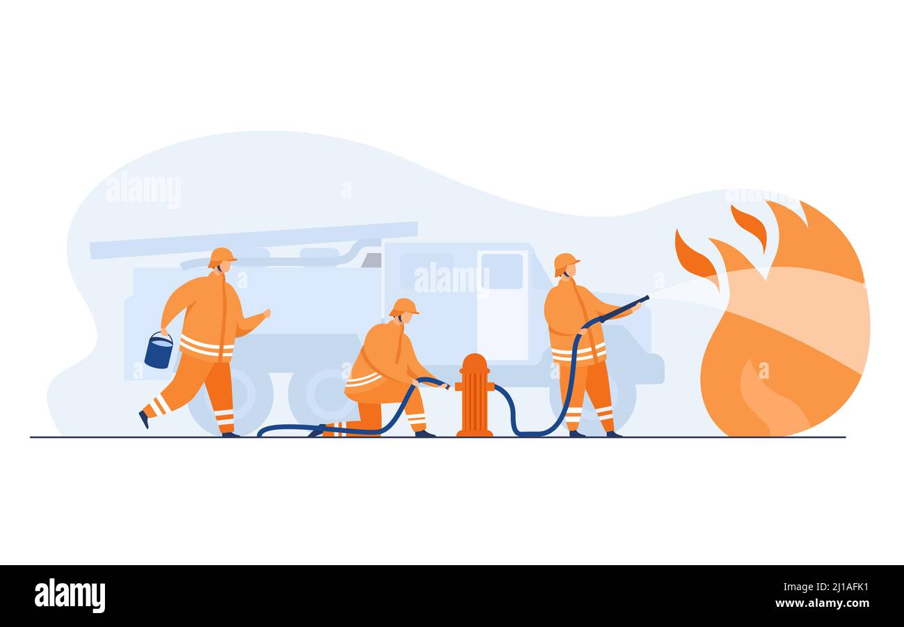 Brave firefighters firefighting with flame flat vector illustration ...
