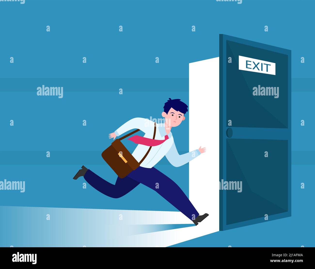 Businessman running to escape exit. Emergency exit open door ...