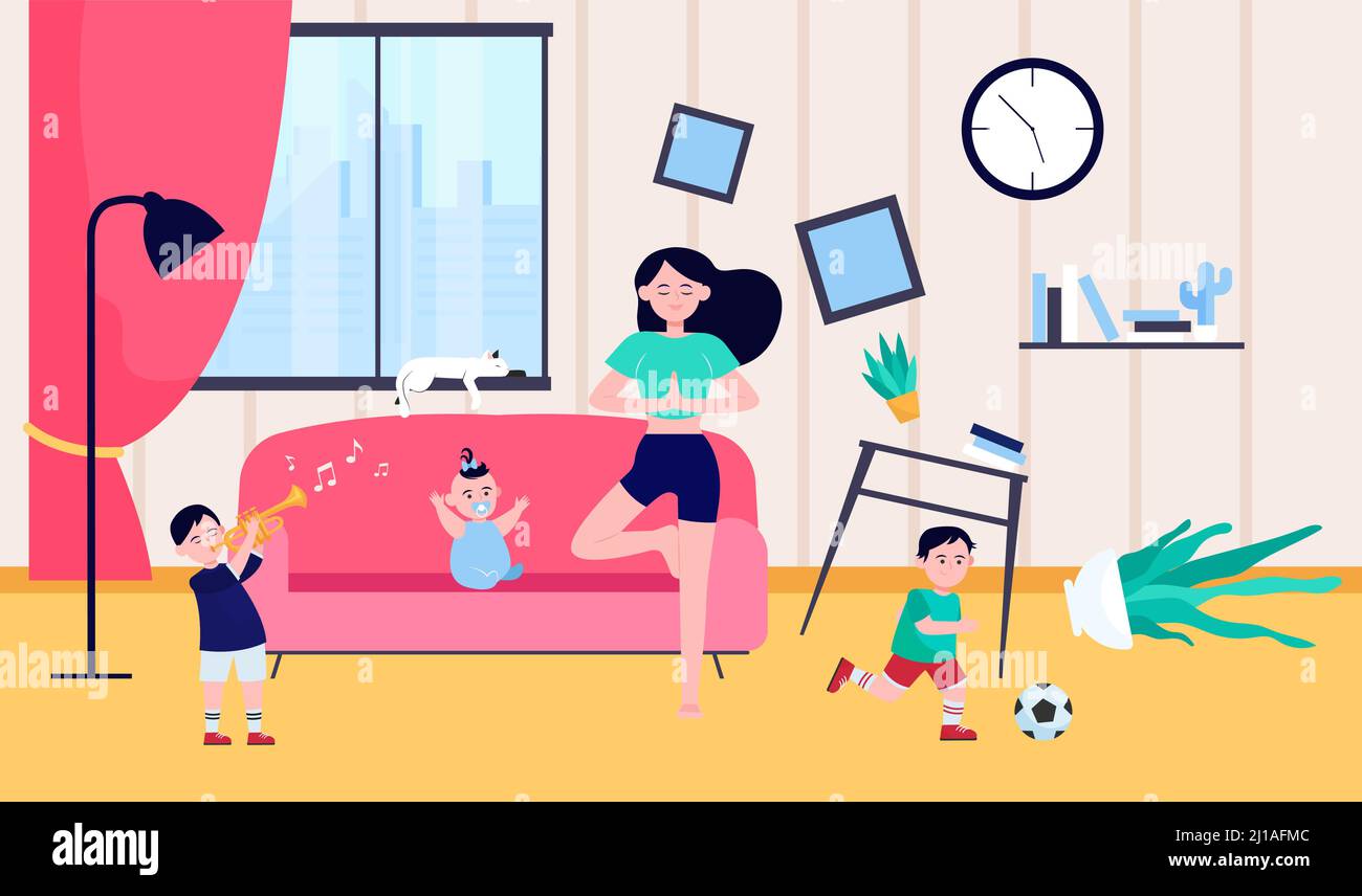 Calm mother doing yoga among naughty kids. Children making chaos while ...
