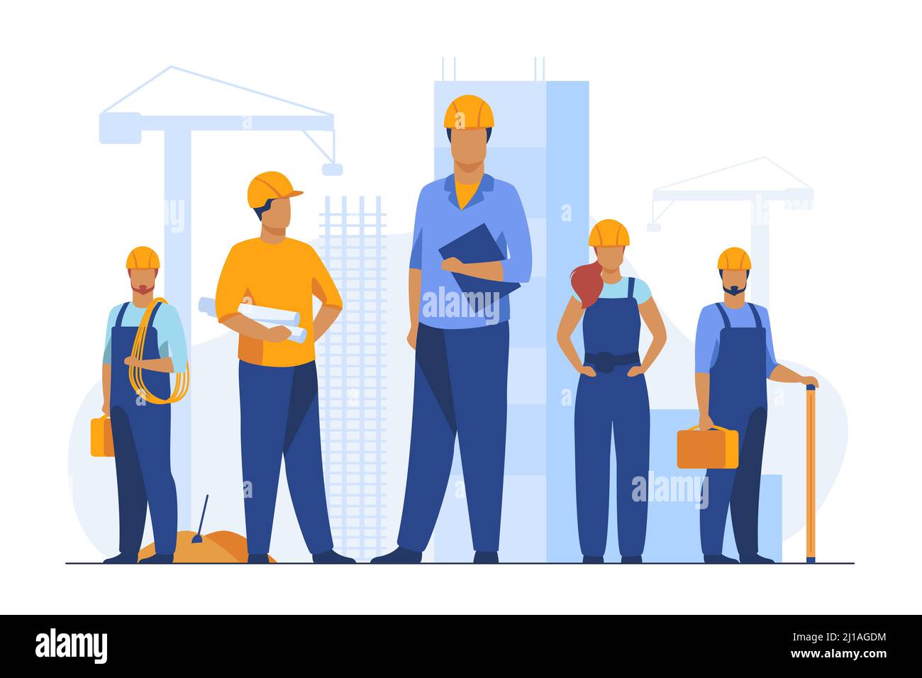 Construction team working on site. Builders, engineers, architects in helmets and overalls ...