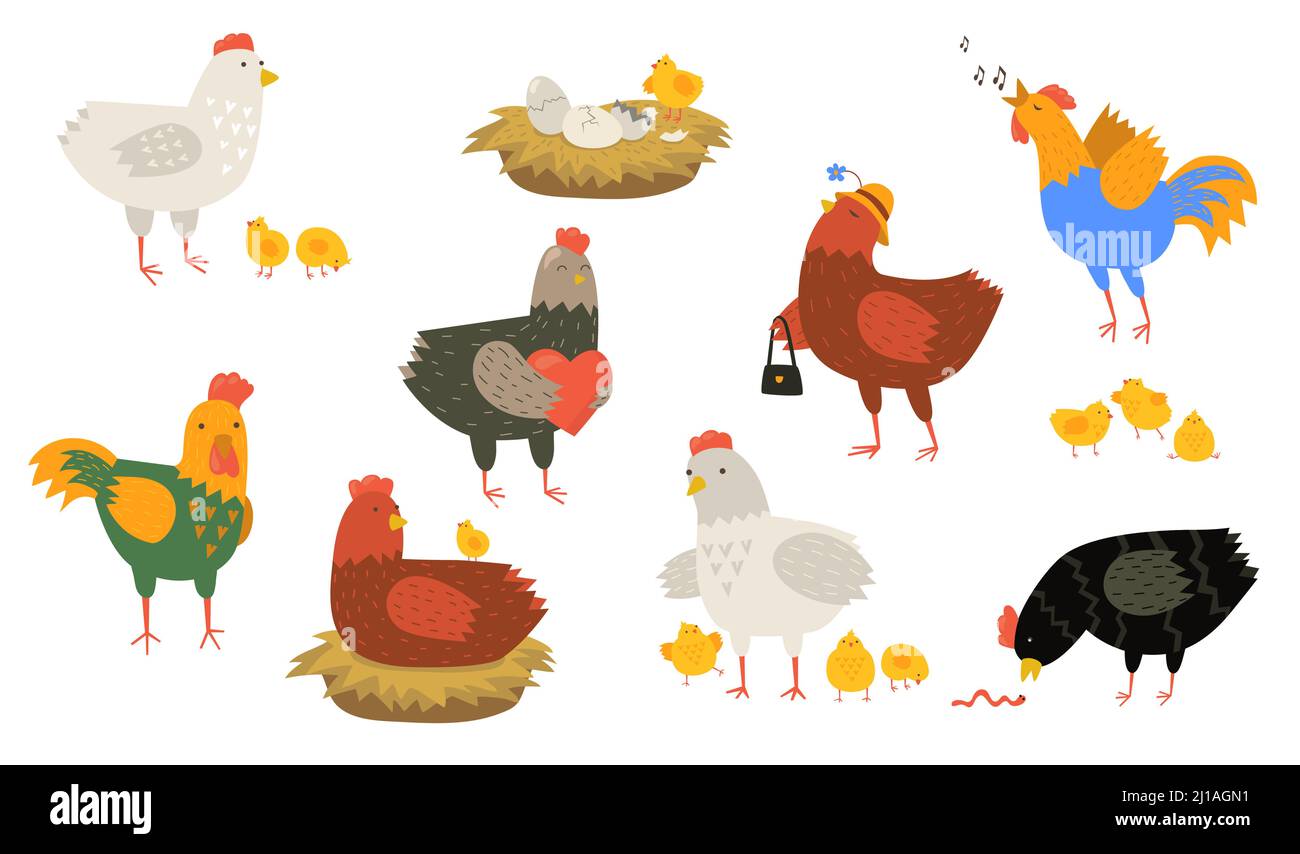 Cute hens and roosters flat icon set. Cartoon chicken singing, eating worm, sitting in nest ...