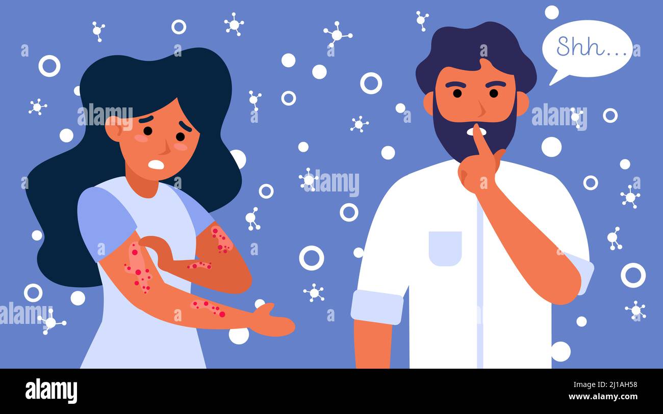 Doctor showing shh gesture. Patient suffering from rash flat vector ...