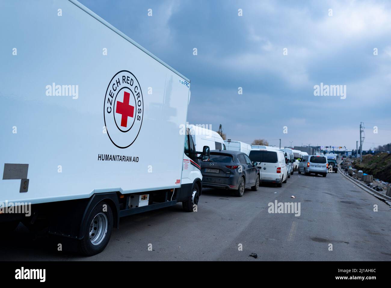 A red cross truck car transporting humanitarian aid is seen at a border ...