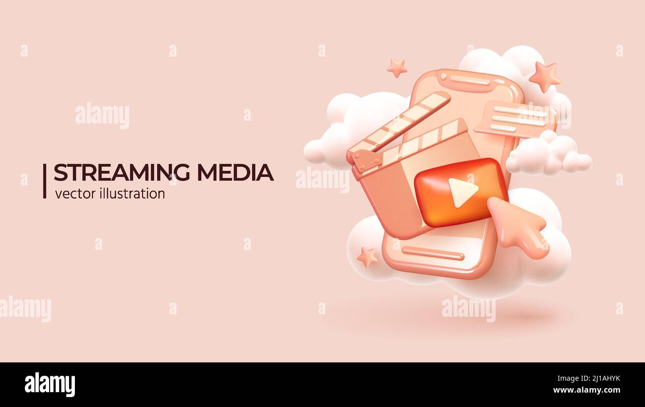 3d vector Streaming service concept. Streaming Media in Cute Cartoon ...