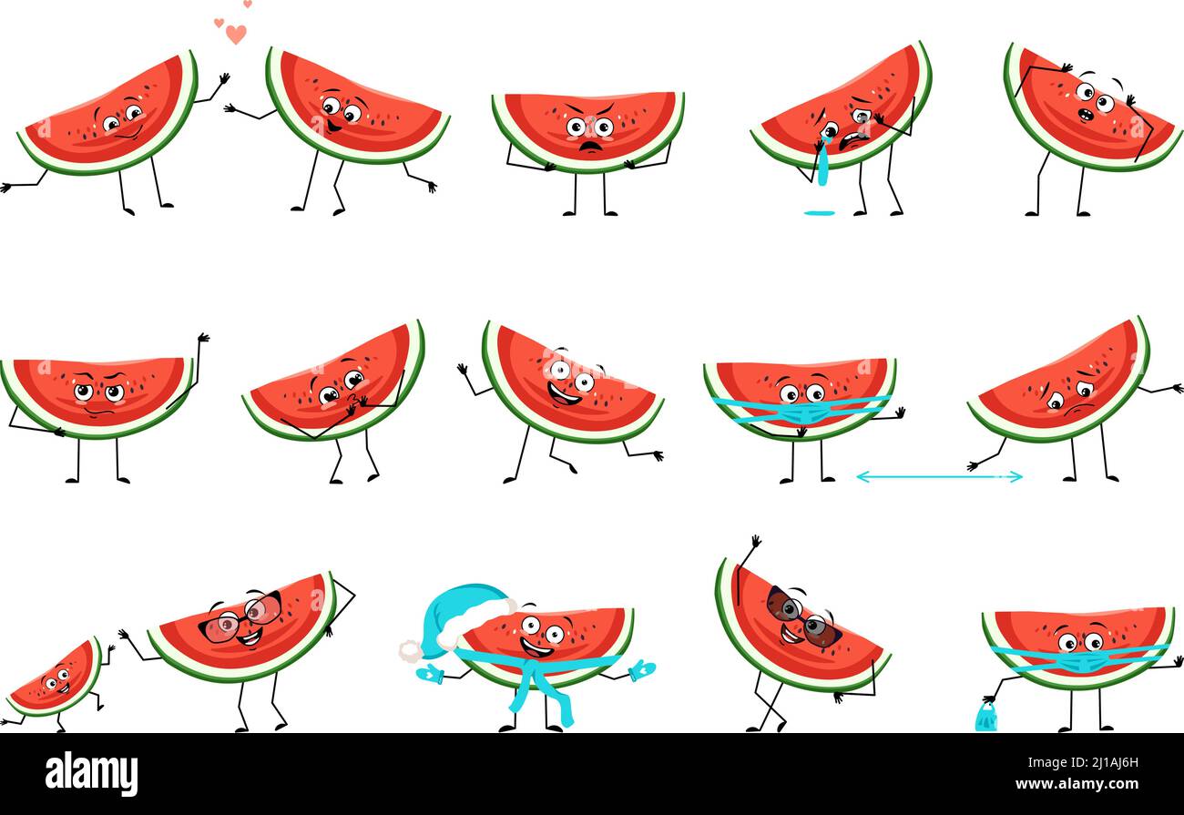 Red watermelon character with happy or sad emotions, panic, loving or ...