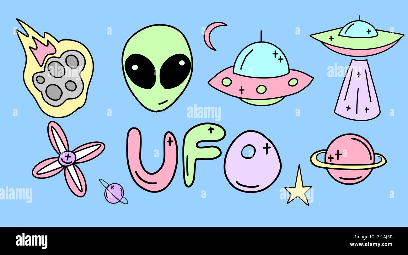Vector Collection of ufo, aliens and space objects drawn in flat style ...