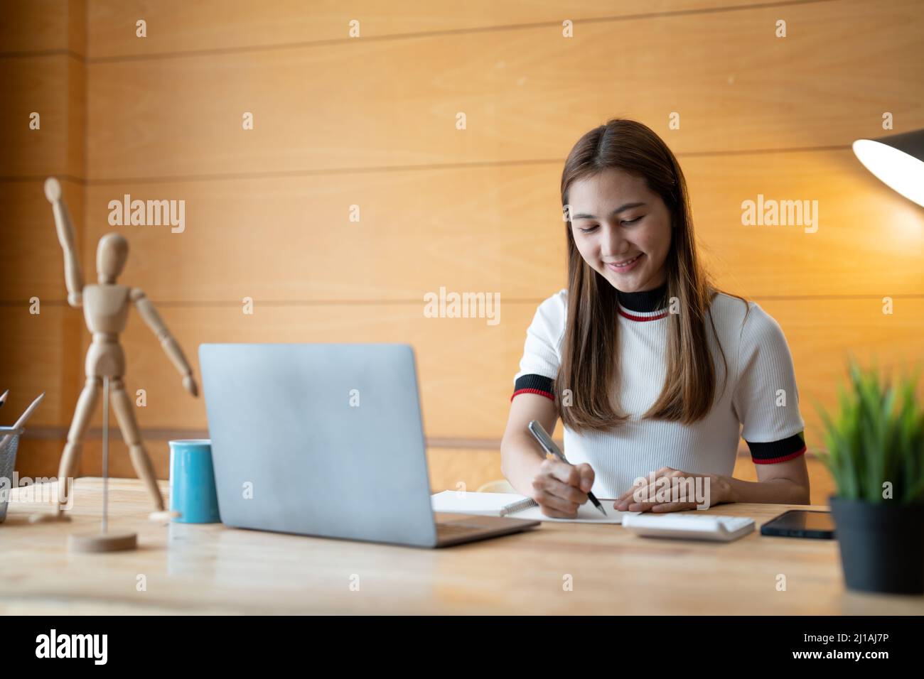 Smiling girl student wear taking note for study online with teacher ...