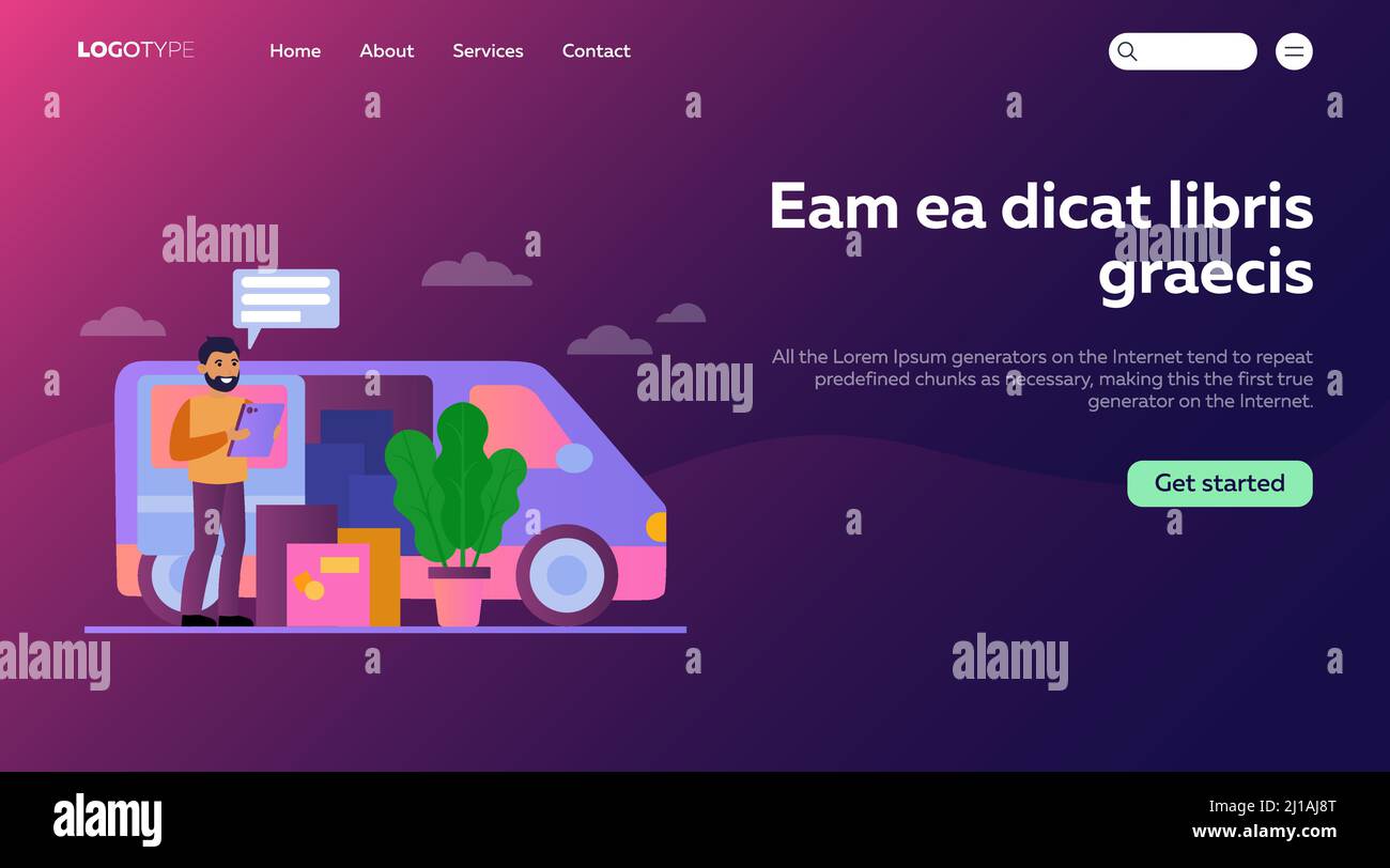 Smiling courier standing near van and boxes flat vector illustration ...