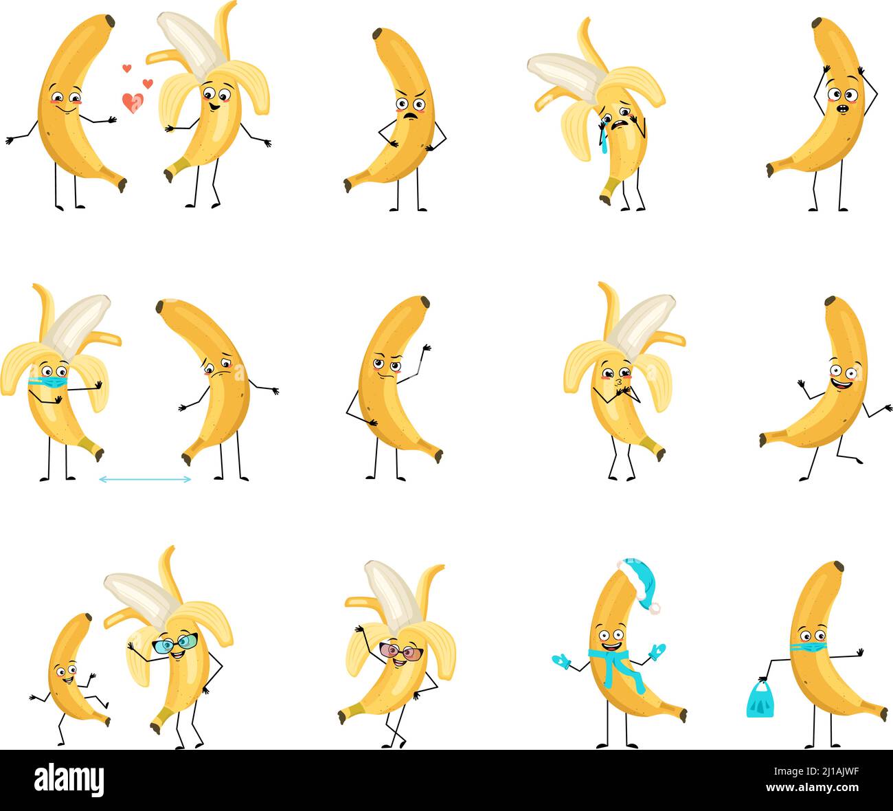 Yellow banana character with happy or sad emotions, panic, loving or ...