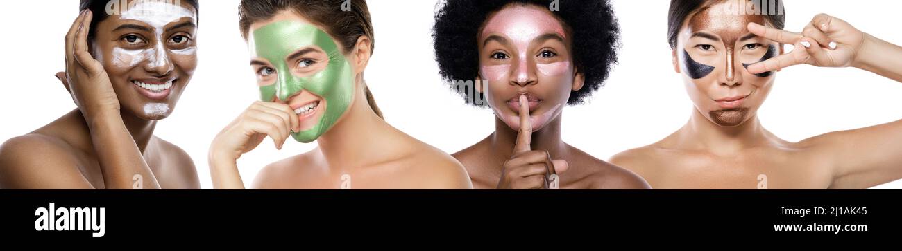 Beautiful multi-ethnic group of girls with colorful peel-off masks on ...