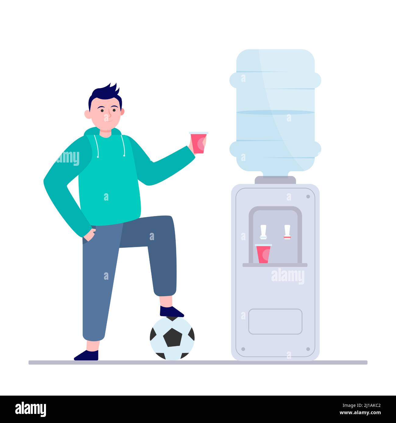 Football player drinking water at cooler. Male athlete, soccer ...