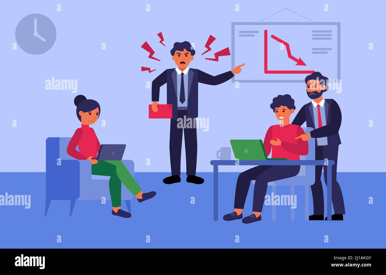 Furious team leader scolding employees for decrease chart. Angry boss, loss, stress at work flat ...
