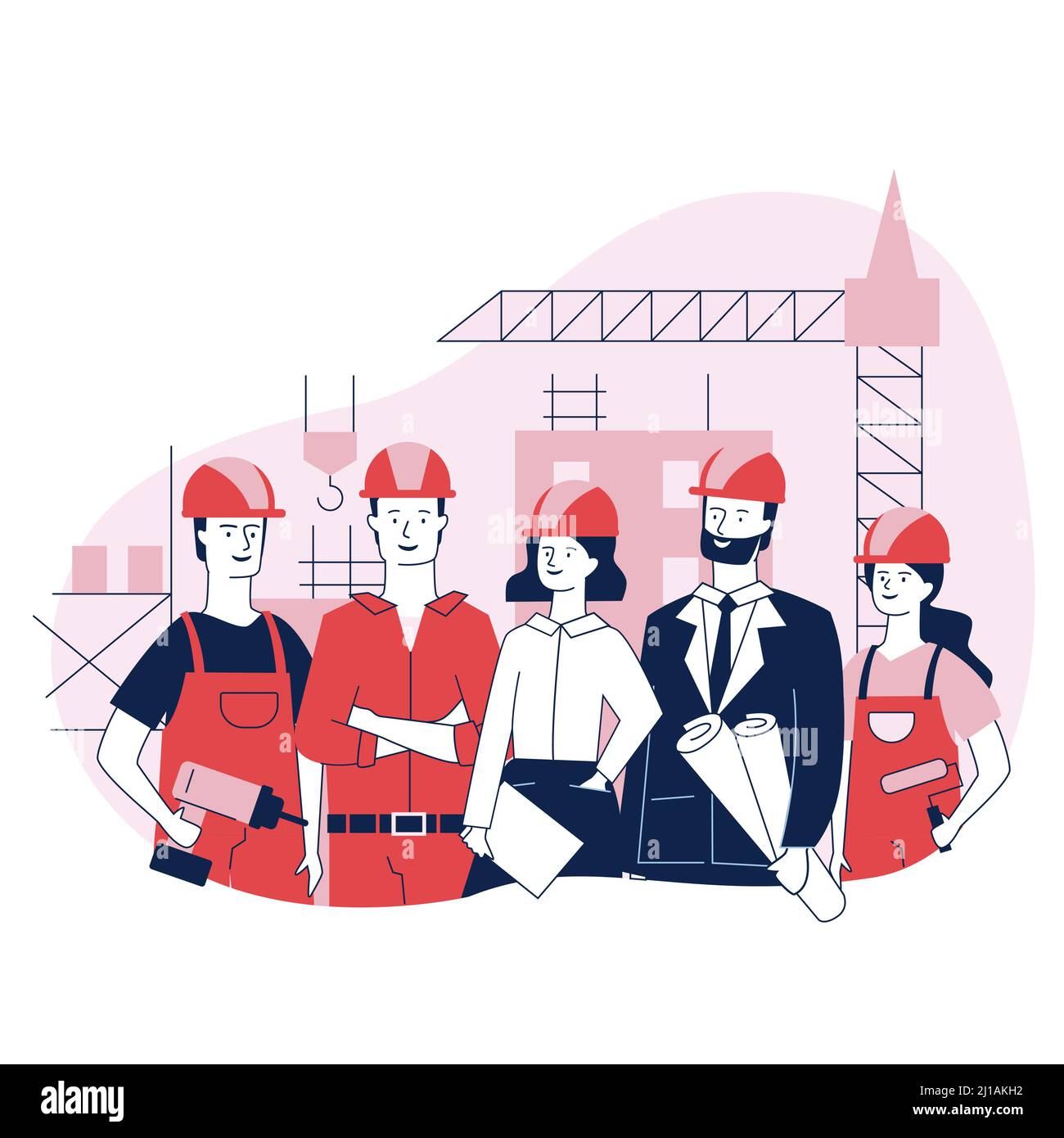 Engineering and construction workers standing together vector illustration. Construction team ...