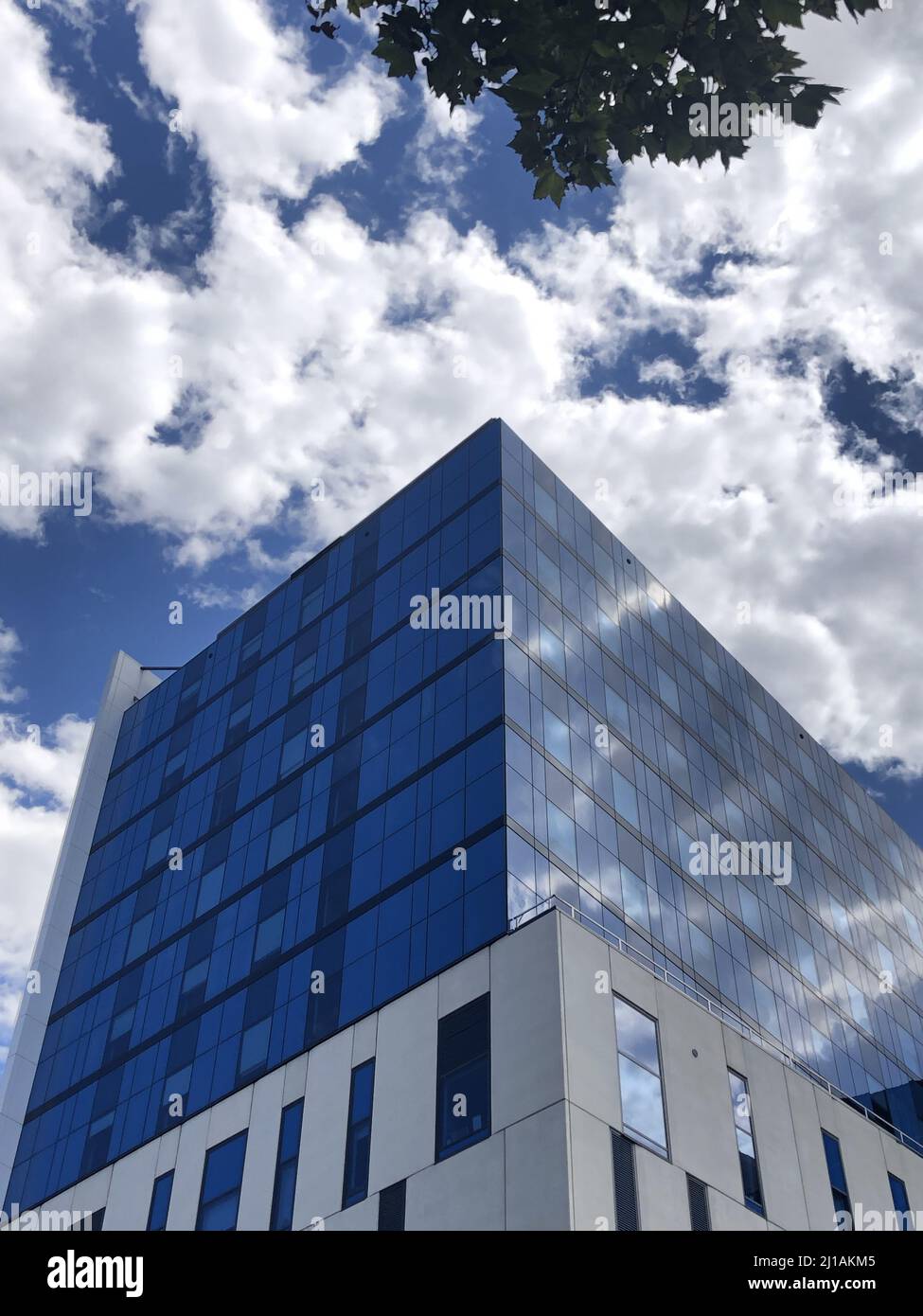 corner aspect of modern city building with reflective blue glass ...