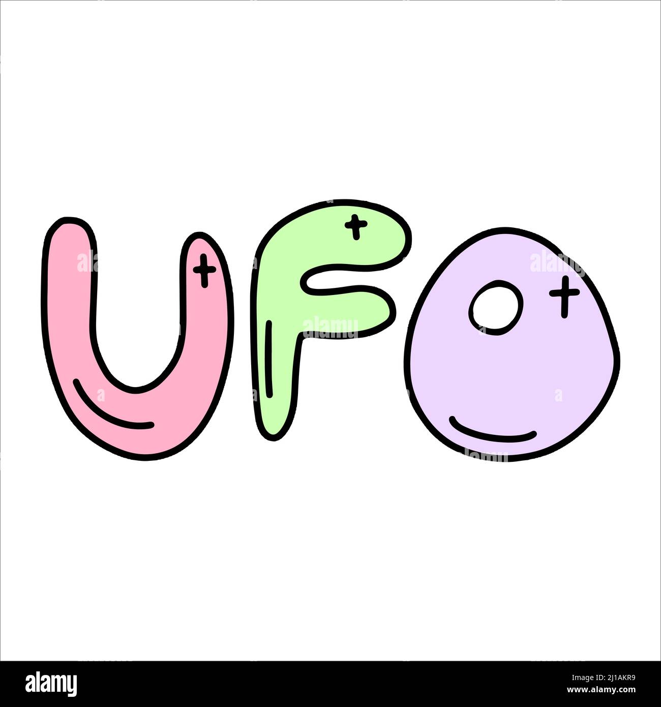 Vector Lettering UFO drawn in a flat style. Pink comet sticker ...