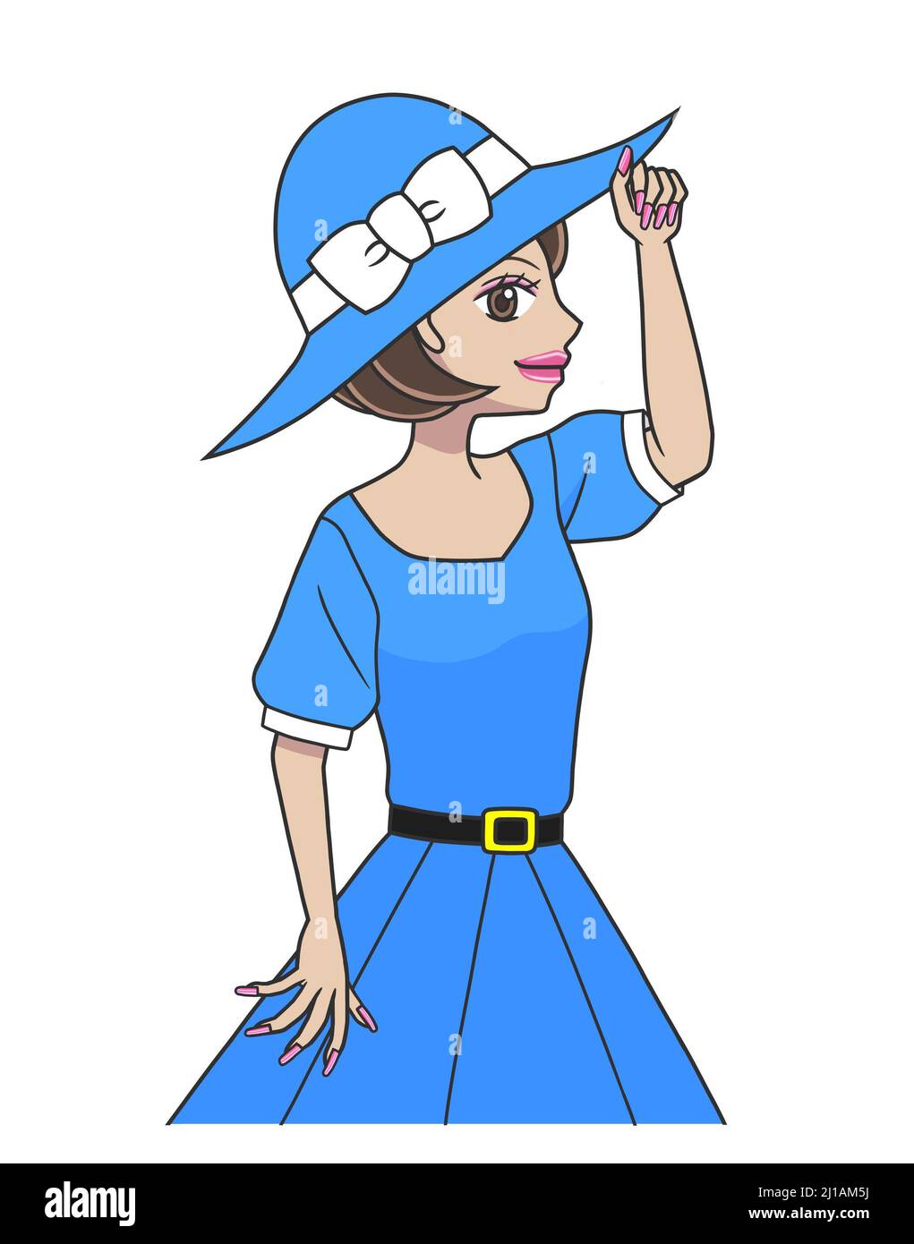 A young woman in blue clothes posing with her hat Stock Photo - Alamy