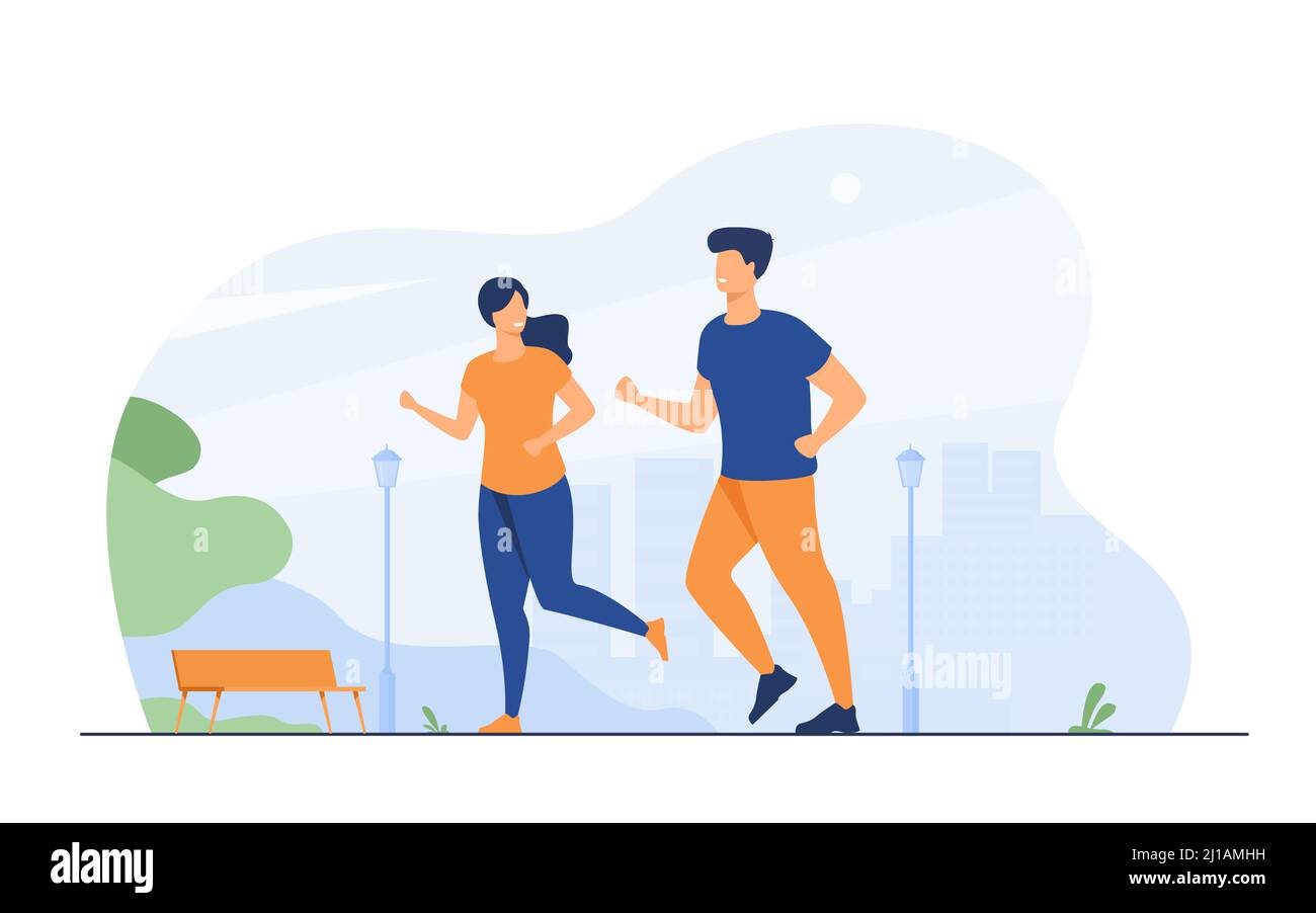 Happy smiling couple running at summer park flat vector illustration ...