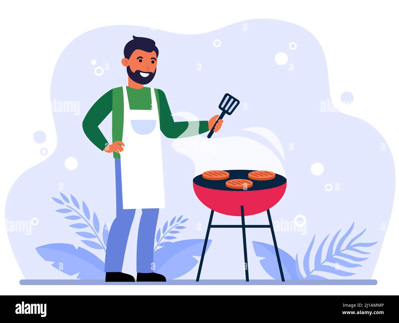 Happy man grilling bbq meat, holding spatula, grilling steaming hot ...