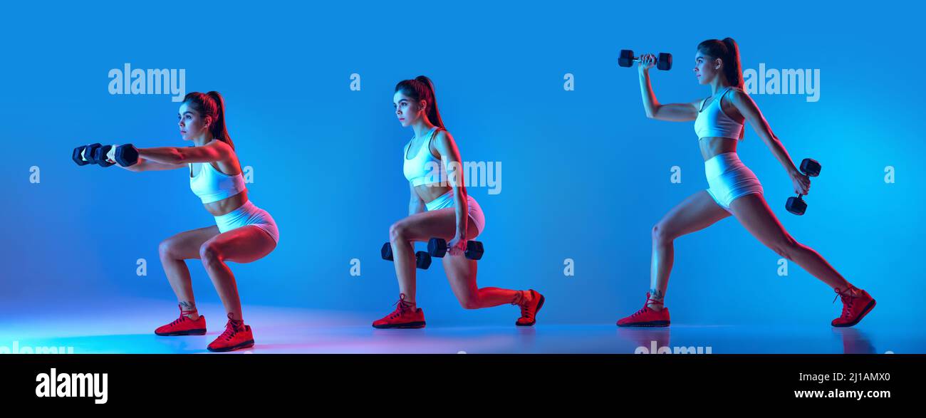 Morning exercises. Young sportive woman training with sports equipment ...