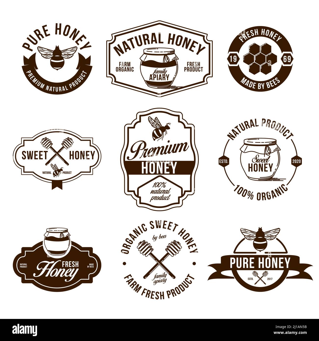 Honey farm flat labels set. Retro beekeeping logo, jar and bees signs ...
