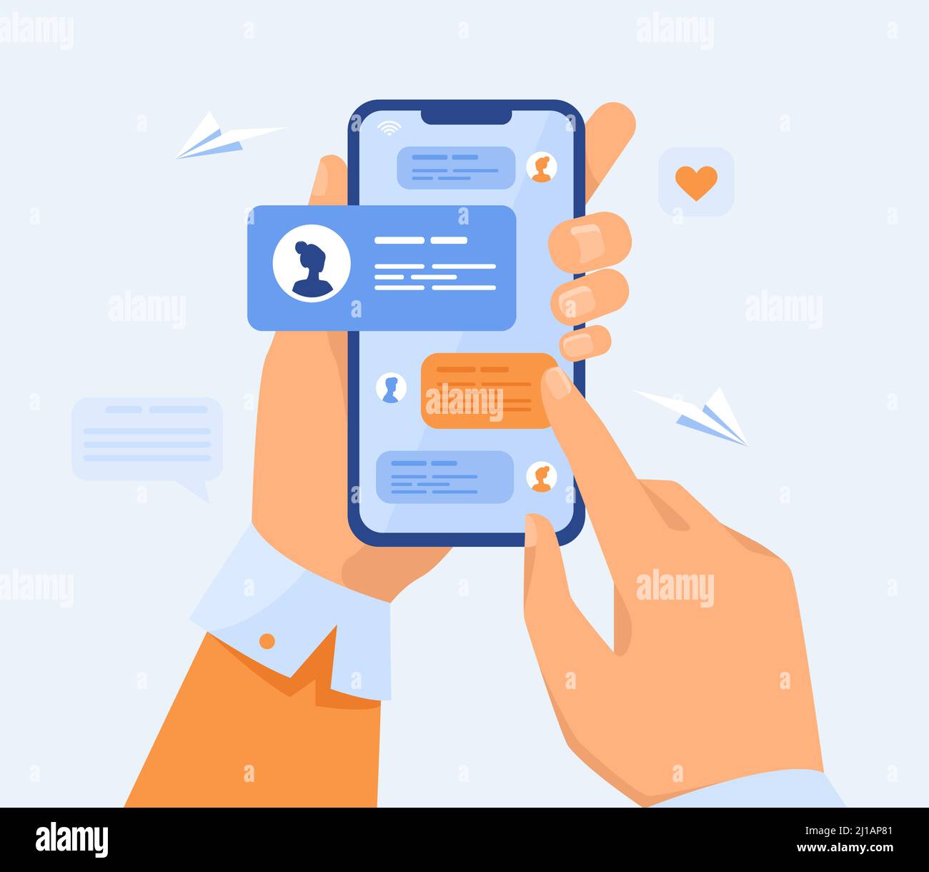 Human hand holding mobile phone with text messages. Person touching ... Human hand holding mobile phone with text messages. Person touching ...