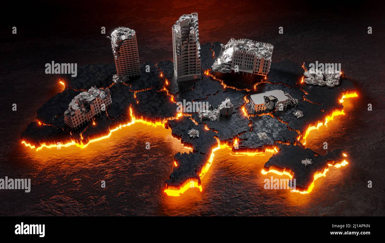 Destroyed buildings and homes in Ukrainian cities over map of Ukraine ...