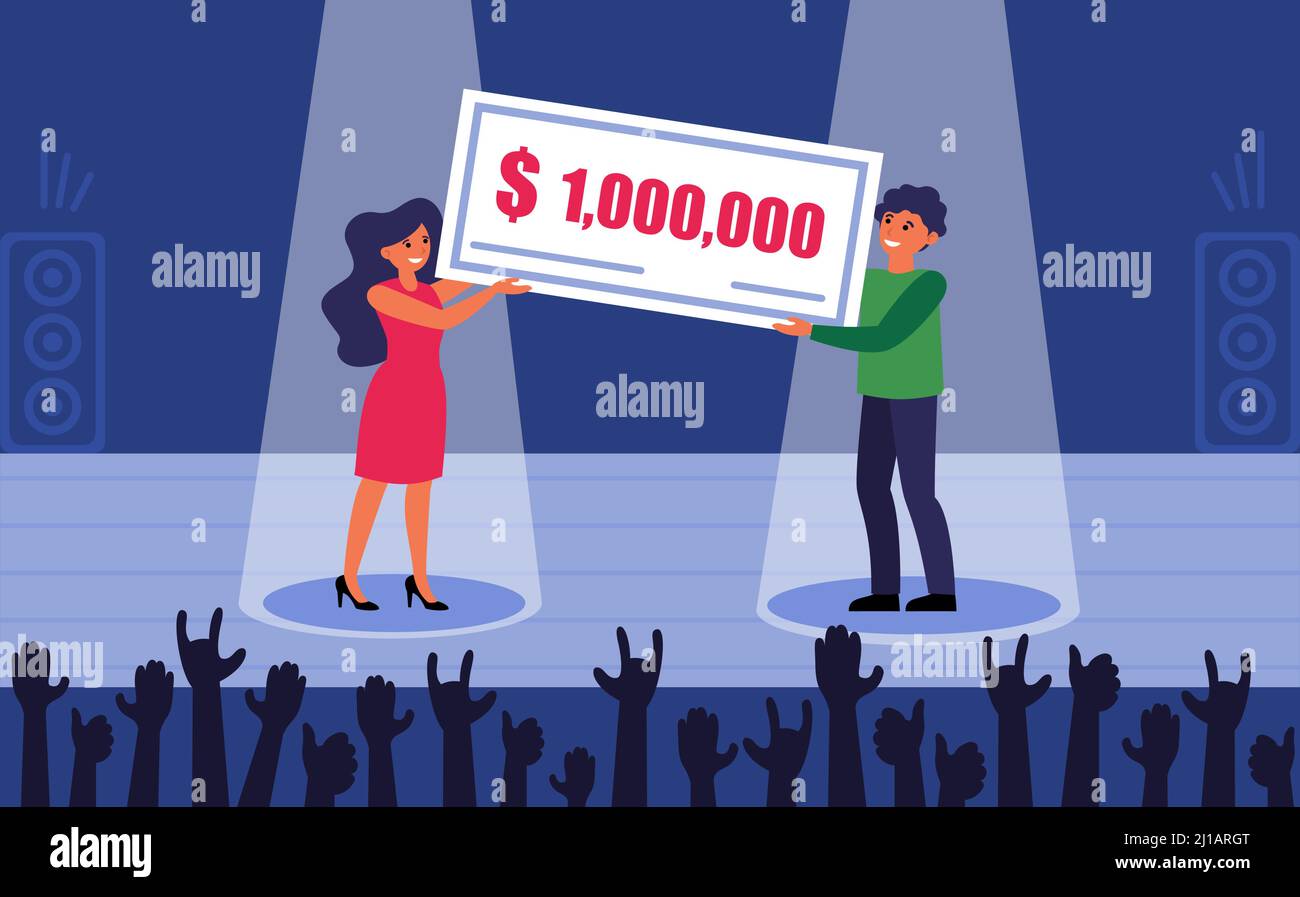 Lottery prize winner. Happy cheerful man and woman holding big bank ...