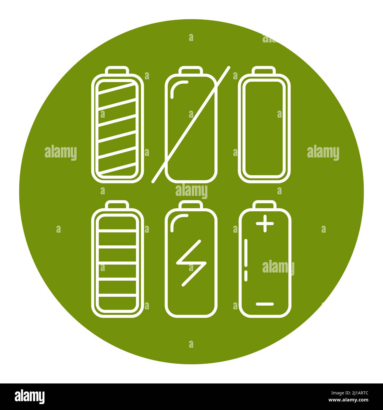 Set of battery charge level indicators in thin line style. Energy load ...