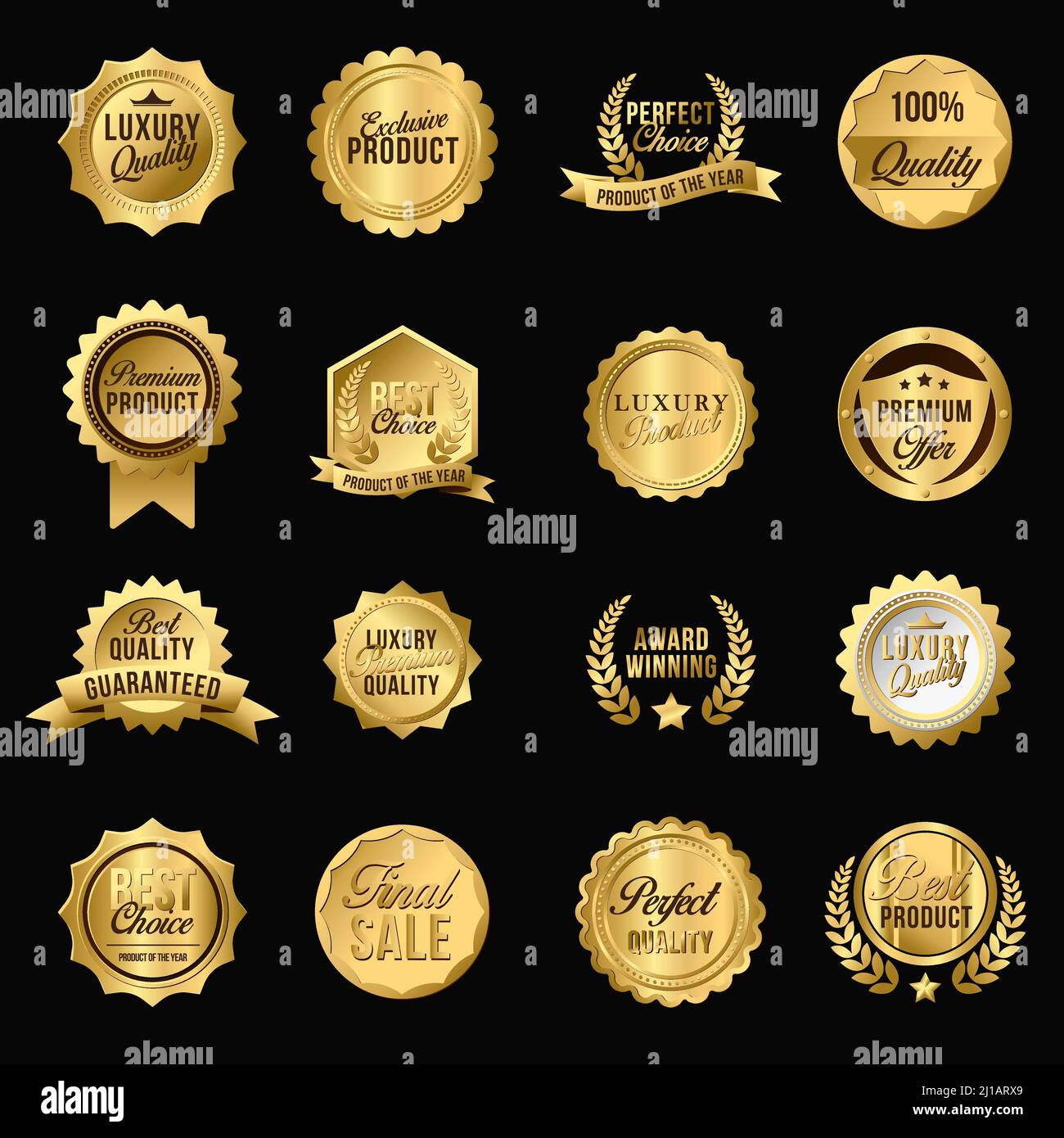 Luxury golden flat badges set. Premium quality stamps, award emblem and ...