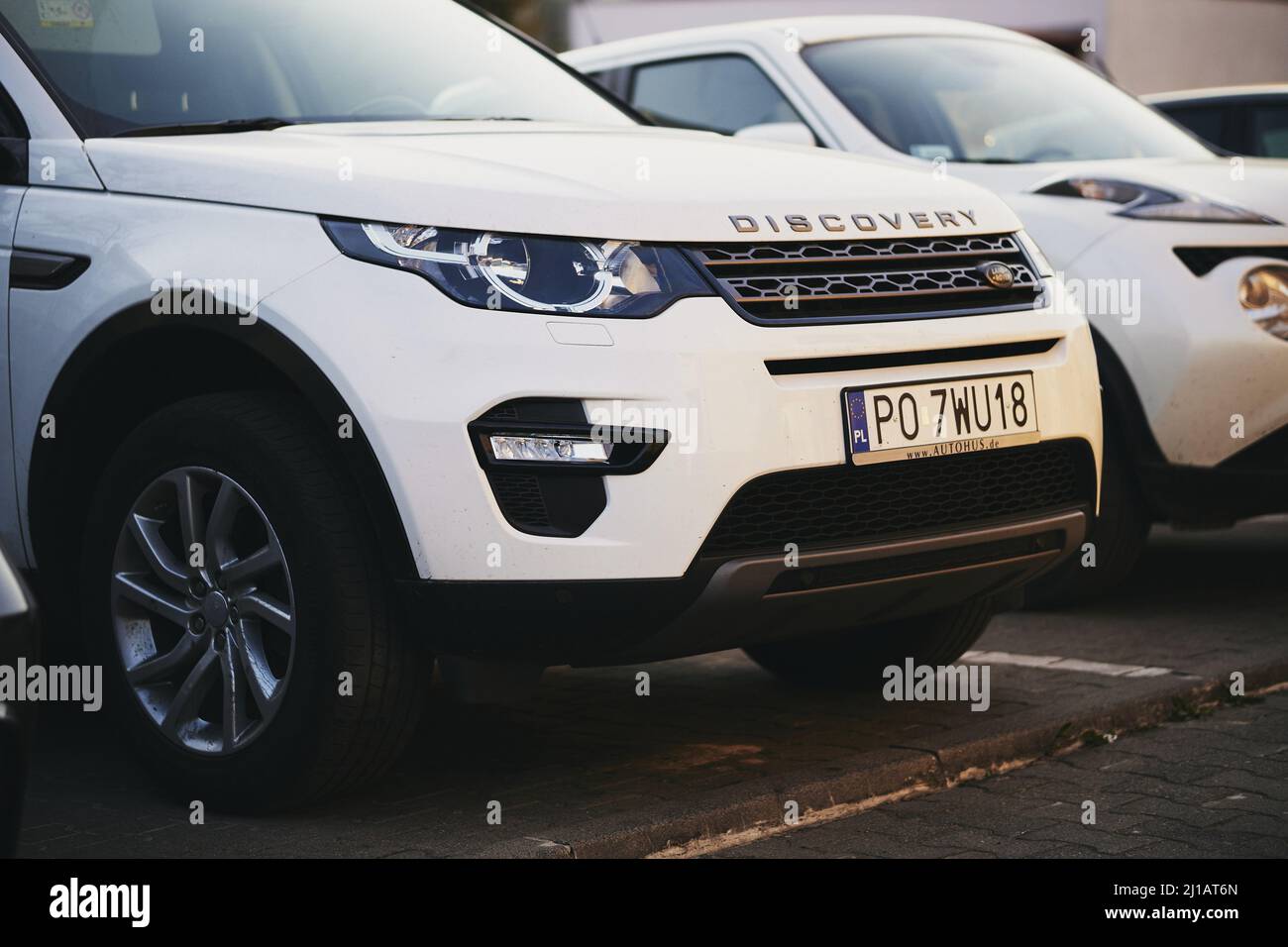 A parked white Land Rover Discovery car on a parking lot in the Stare ...